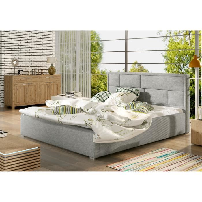 Lit double tissu gris clair tête de lit capitonnée Lenzo 140x200 cm ...