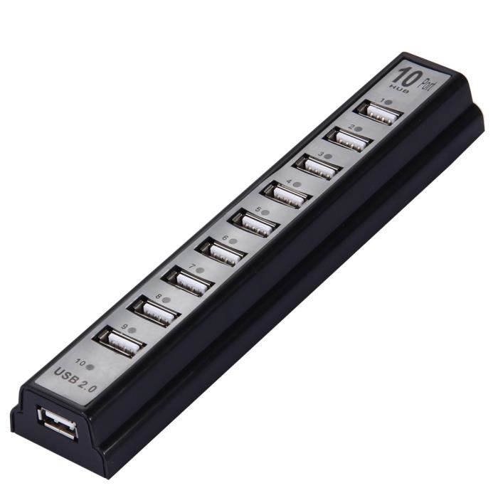 HUB Gris 10 Ports USB 2.0 avec adaptateur d'alimentation secteur ...