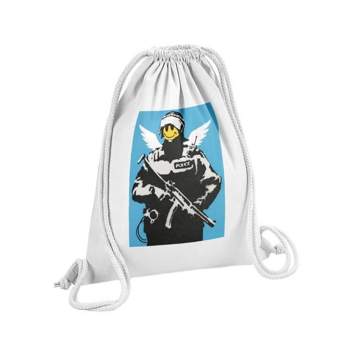 Sac de Gym en Coton Blanc Banksy Angel Cop Flying Copper Police Smiley ...