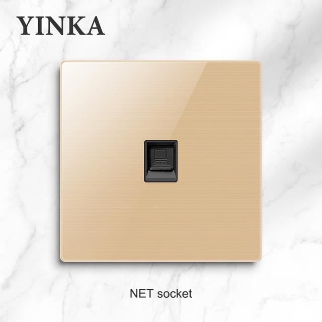 INTERRUPTEUR,Network socket--panneau en verre trempé doré, 2 boutons, 1 ...