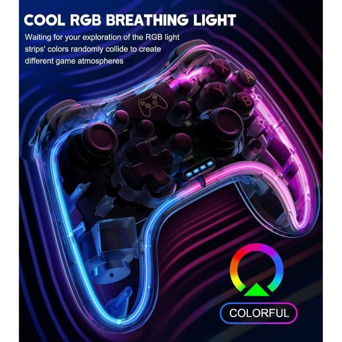 Manette Switch Sans Fil, Transparente LED RGB 10 Couleurs , Gyroscope à 6 Axes Contrôleur , Pour ...