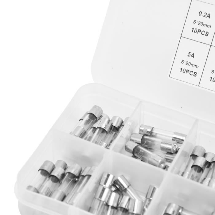 Mxzzand Tube à fusible 100pcs Kit de Fusibles en Verre à Fusion Rapide 0.2A 0.5A 1A 2A 3A 5A 8A ...