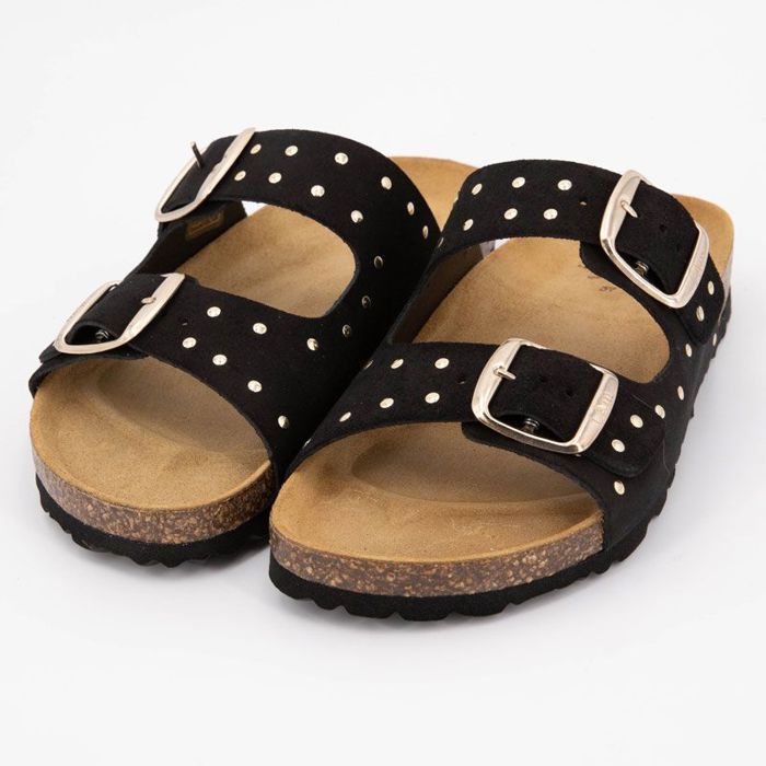 Mule cuire avec double boucles ajustables et clous dorés Femme I AM ...