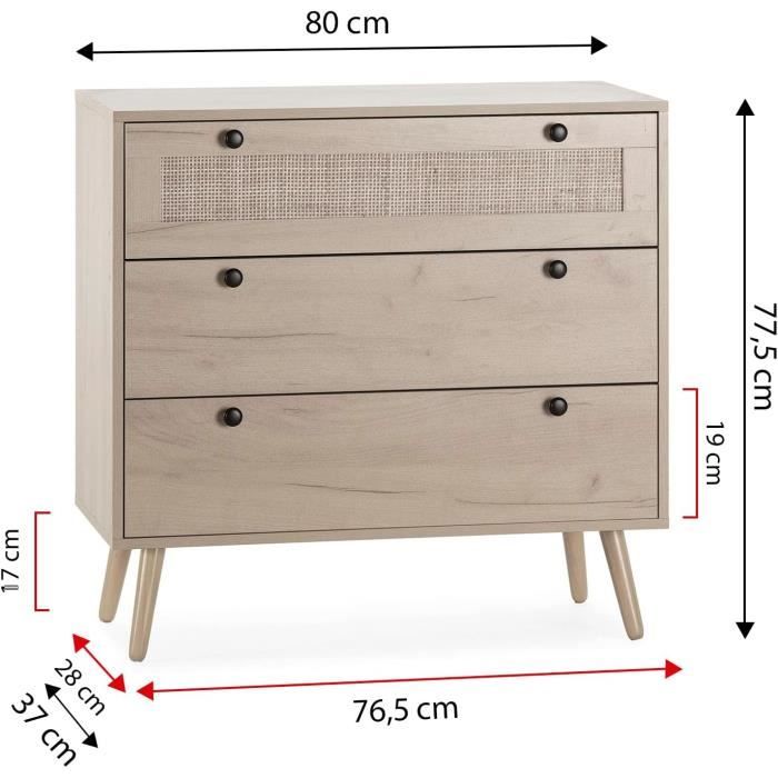 Commode De Nuit Bella 3 Tiroirs Couleur Chêne Avec Rotin Naturel ...