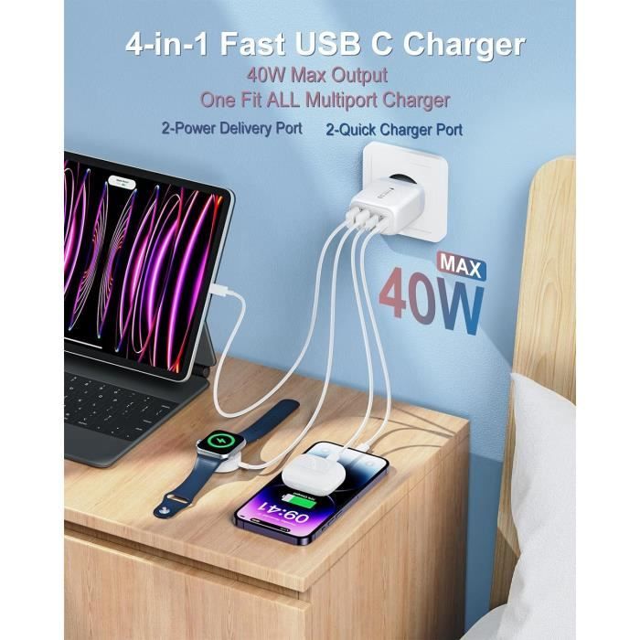 [2 Pack] Chargeur Mural Usb-C, 40W 4Port Qc+Pd 3.0 Power Adapter, Dual ...
