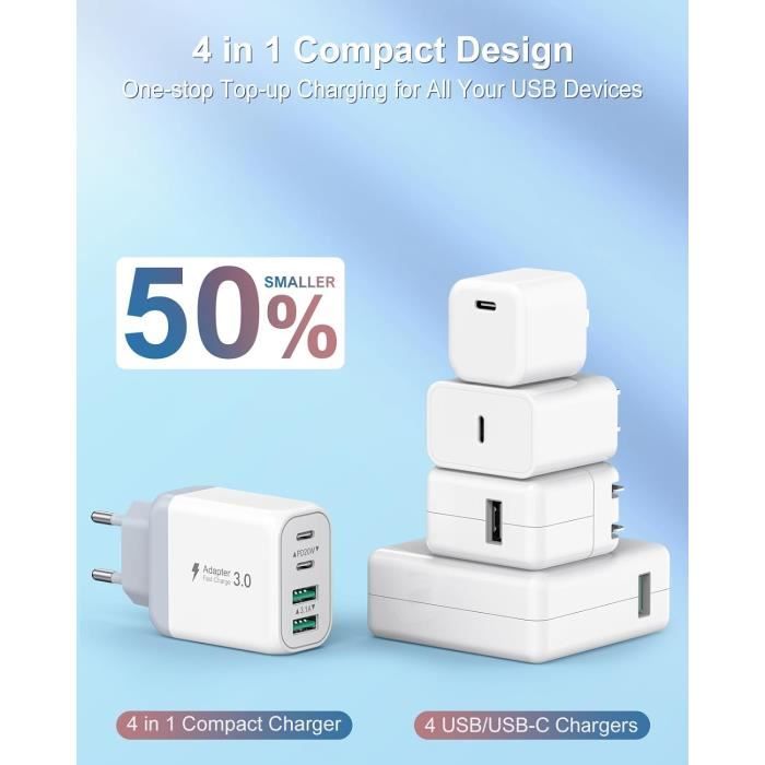 [2 Pack] Chargeur Mural Usb-C, 40W 4Port Qc+Pd 3.0 Power Adapter, Dual Fast Wall Plug With 2M ...
