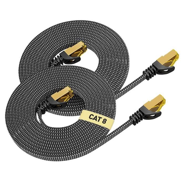 Cat 8 Câble Ethernet 0.5M 2 Pièces, Cat8 Tressé Plat Haut Débit (40Gbps 2000Mhz-s) Gigabit Rj45 ...