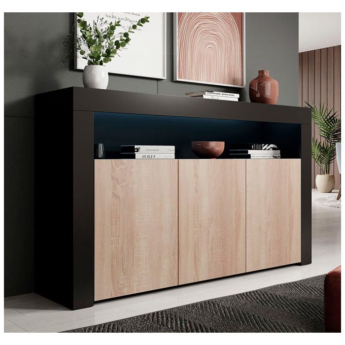 Buffet Bahut 3 portes LED | 155 x 91,5 x 37cm | Couleur Noir et Sonoma ...