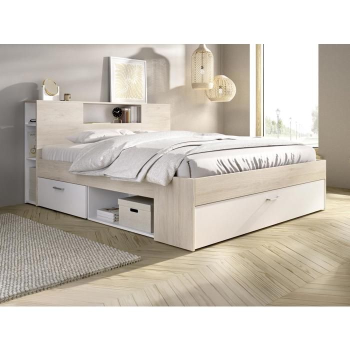 Lit avec tête de lit rangements et tiroir - 180 x 200 cm - Coloris : Naturel et blanc - LEANDRE ...