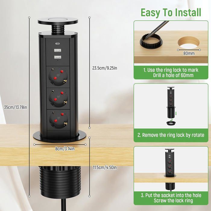 Prise Encastrable Plan De Travail, Bloc Prise Escamotable 3 Prises 2 ...