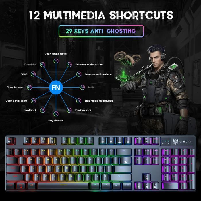ONIKUMA G27 RGB Gaming Clavier Mécanique 104 Touches Filaire Rétro ...