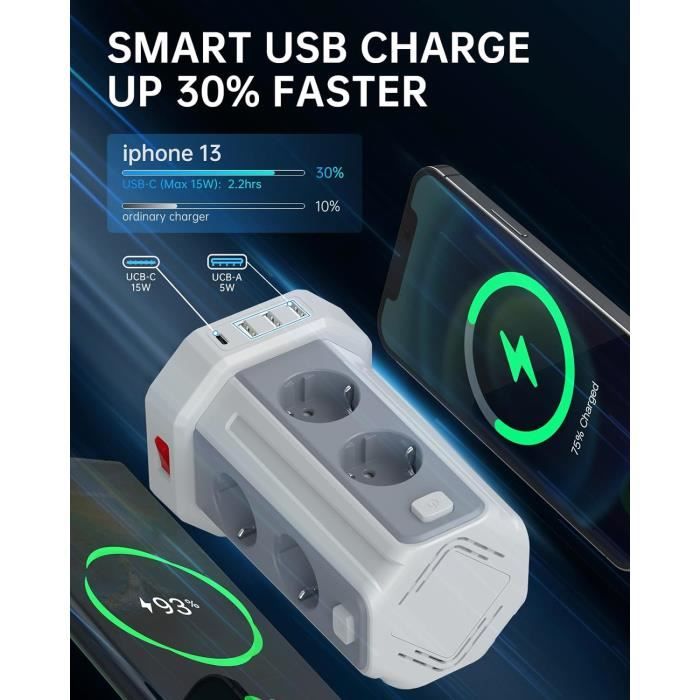 Multiprise Avec Interrupteur 5M, Avec 4 Usb Ports(3 Usb A+1 Usb C Max ...