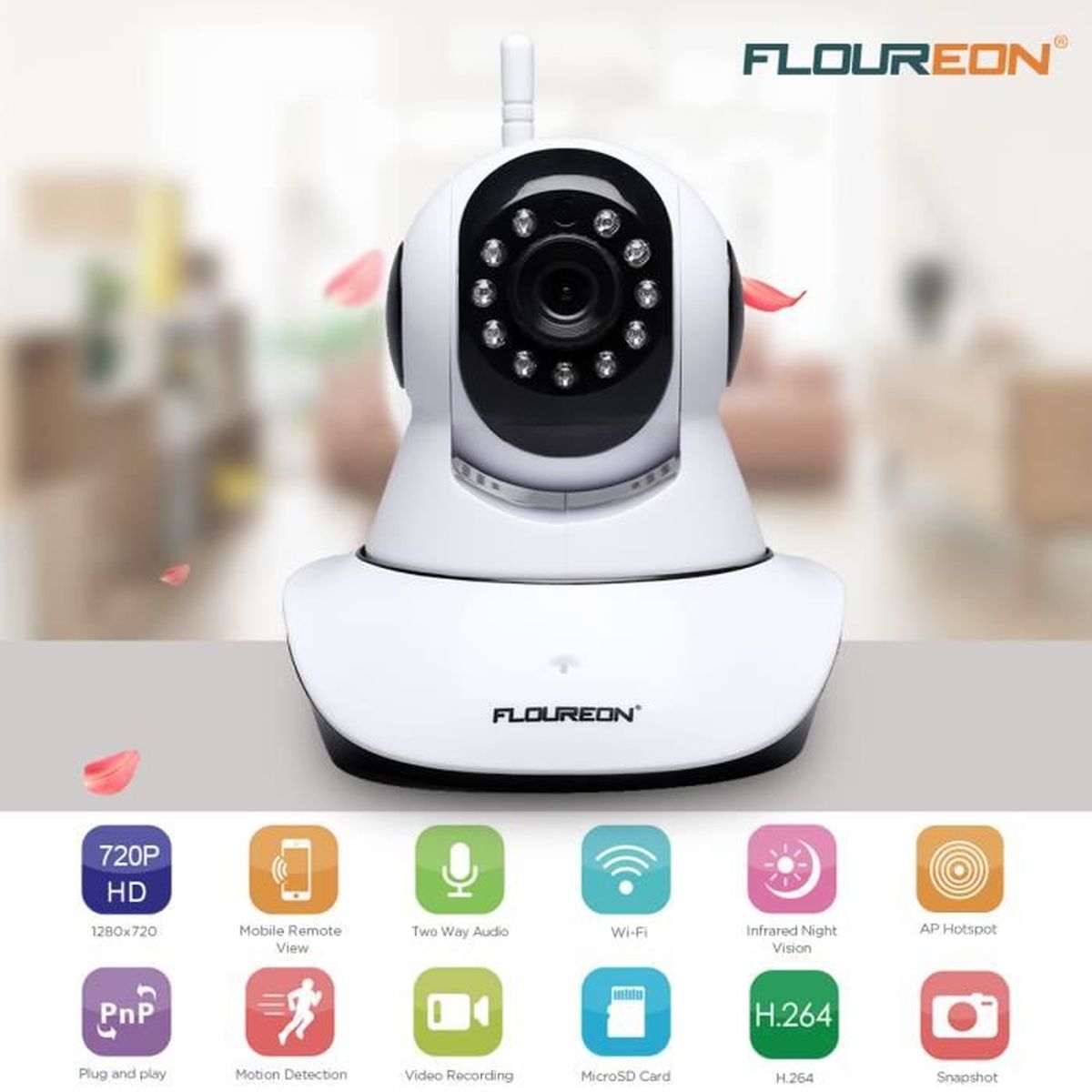 FLOUREON Caméra de Surveillance Sans Fil 720P Wifi 1.0 Megapixel ...