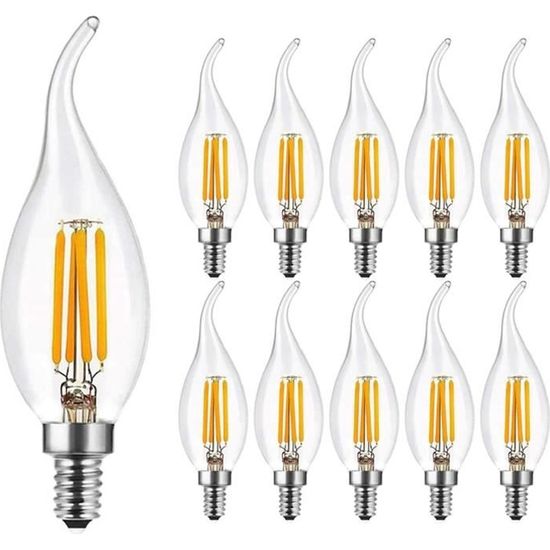 Lot de 10 Ampoule Filament Bougie LED E14, 4W LED Ampoule E14 Ampoules Culot Vintage Edison ...