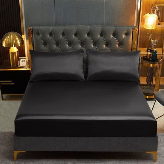Satin Drap Housse 90x200 cm Bonnet 30 cm Noir - élastique Drap Housse 1 ...