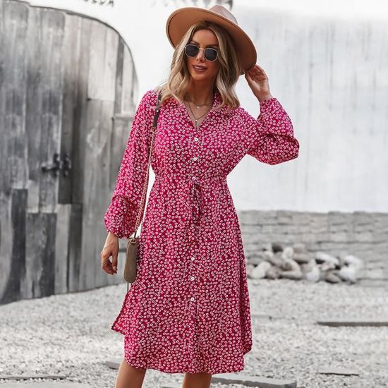 Robe Femme Ete Bohème Col En V Sexy Chic Manches Longues Rouge