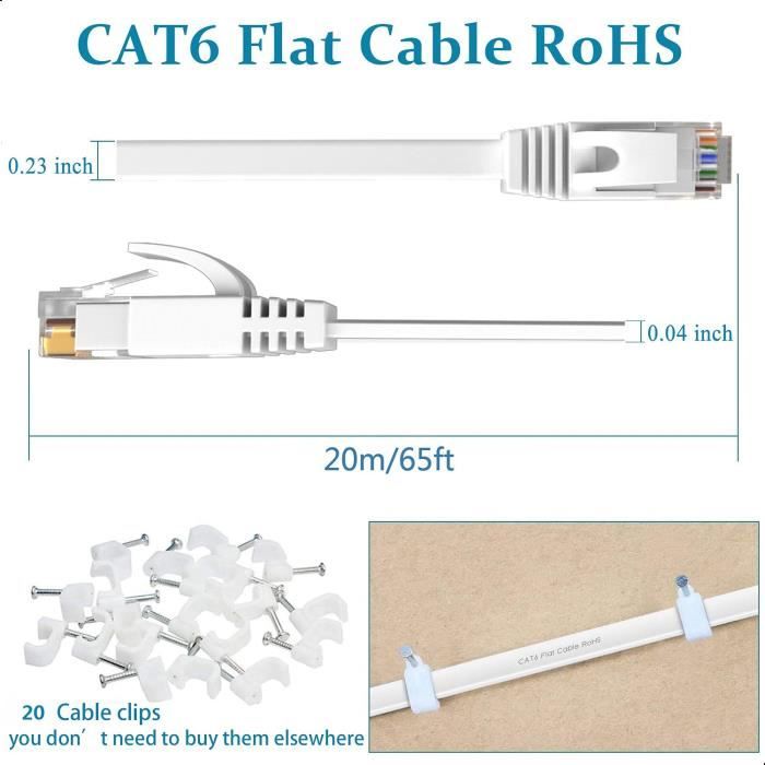 Cable Ethernet 20m, Cat 6 Cable RJ45 Haut Débit Cable Internet, Plat ...