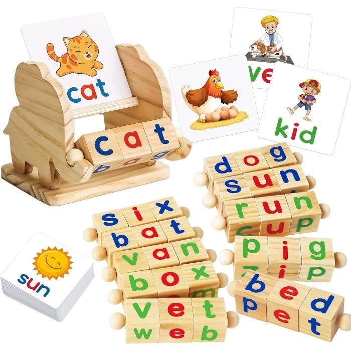 Montessori Learning and Educational Toys Gifts for Kids 3 4 5 Years Wooden Reading Blocks Toys Turning Rotating Matching Card Games Cdiscount