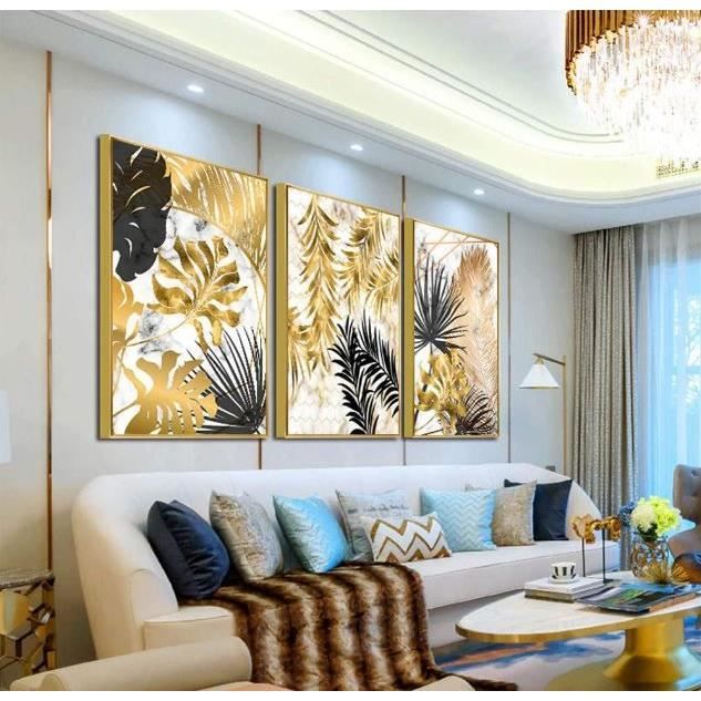 Lot de 3 affiches murales design avec motifs forêt, feuille dorées ...