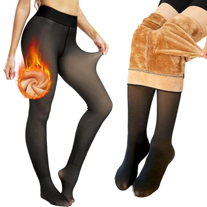 1 Pièces Collants thermiques doublés en polaire pour femme - Grande taille - Pour l'hiver - Noir ...