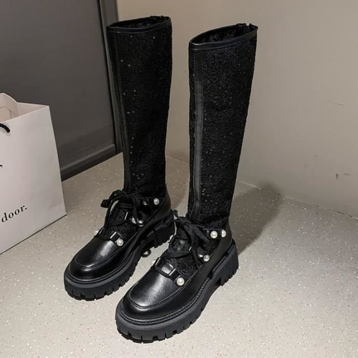Bottes longues pour femmes - guiji - Noir - Cuir - Talon épais - 5 cm ...