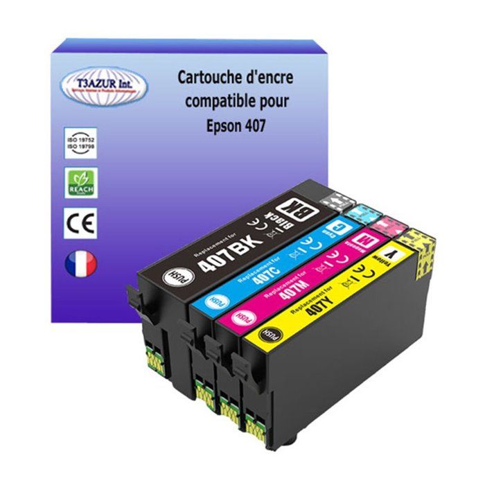 Cartouches d'encre - T3AZUR - Epson 407XL - Pack de 4 - Haute qualité ...
