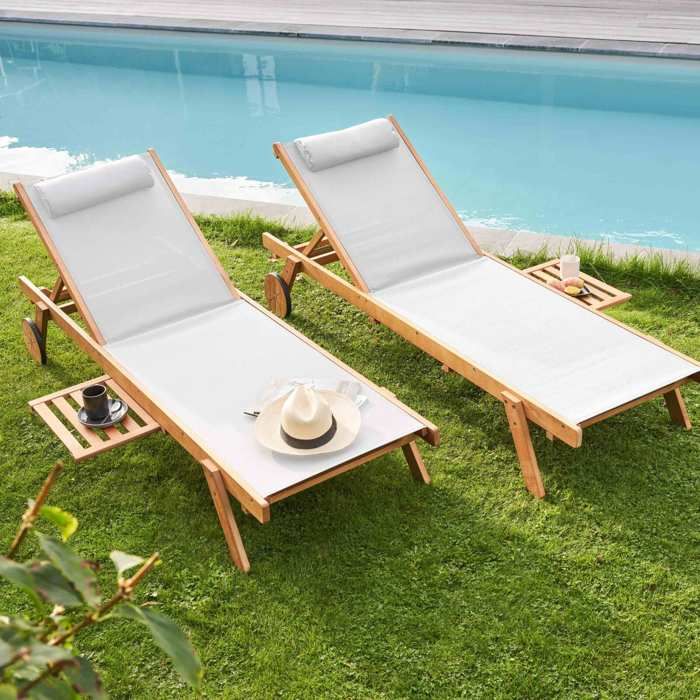 Lot de 2 bains de soleil avec coussin et tablette en bois blanc ...