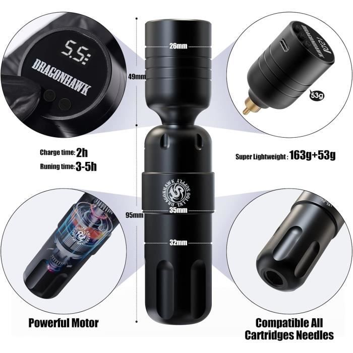 Dragonhawk S8 Tattoo Kit Tattoo Machine Set Wireless Battery Pen ...