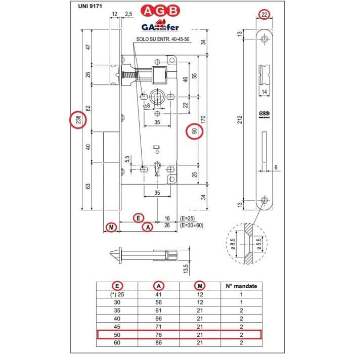 Serrure Pour Porte Intérieure À Encastrer Agb Série Patent Grande (Fr. 22 X 238, In. 90, En. 50 ...