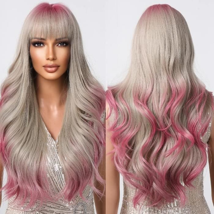 Femmes Ondulé Rose Gris Longue Perruque Naturelle Vague Blonde Perruque ...
