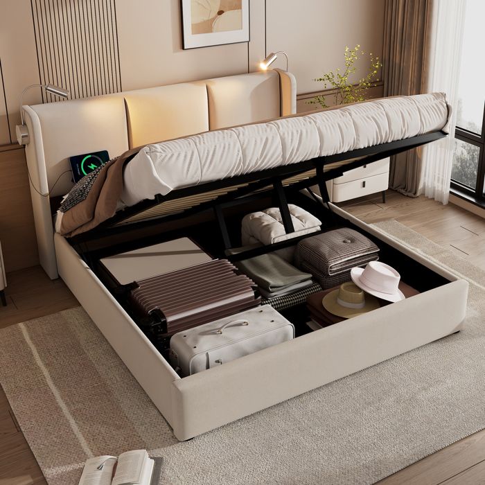 Lit coffre double 160 x 200 cm en lin beige, Coffre de rangement, avec ...