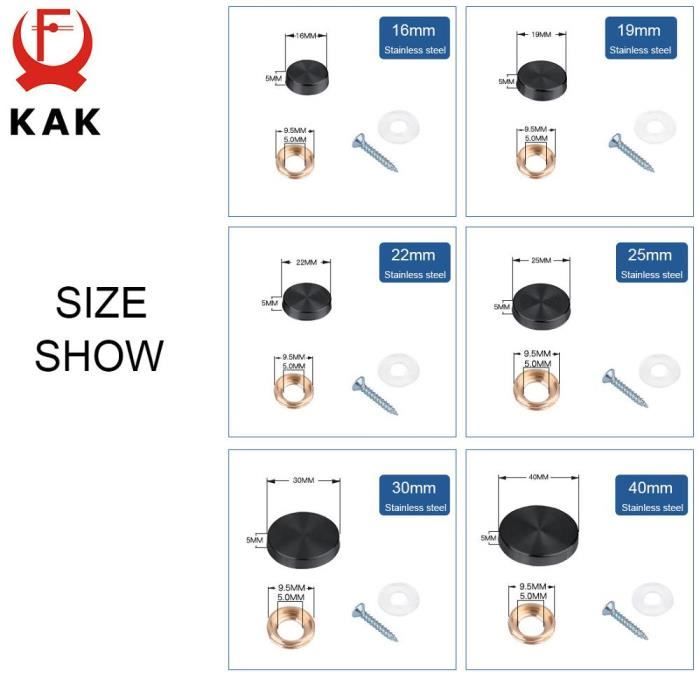 Black-16mm -4 vis de fixation en verre KAK en acier inoxydable, clous ...