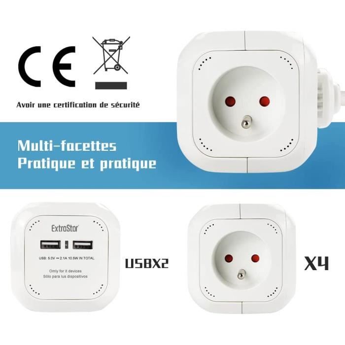 Multiprise USB Cube , Bloc Multiprises avec 4 Prises et 2 Ports USB ...