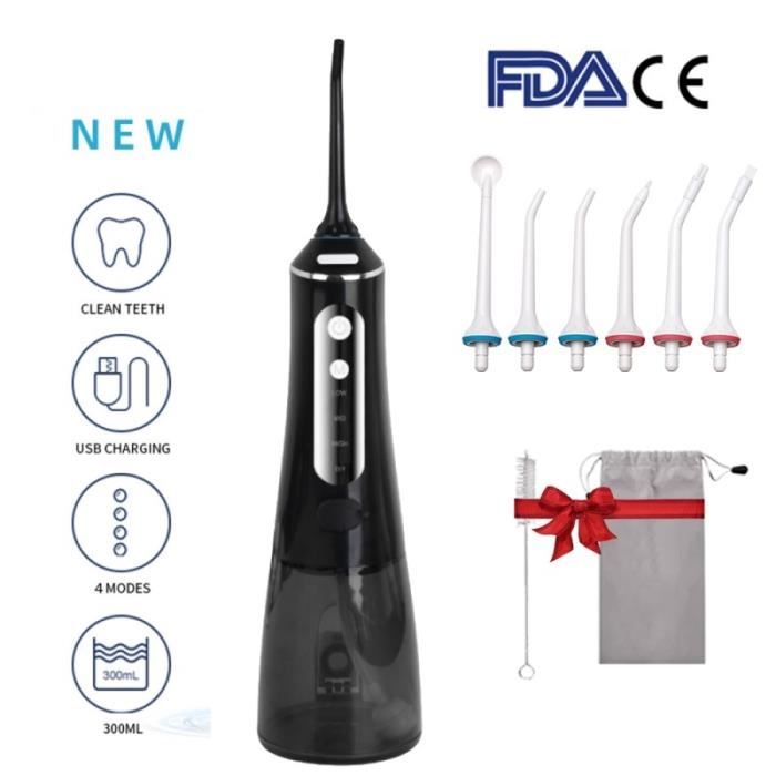 Noir Irrigateur buccal Portable, jet d'eau pour les dents, avec 6 buses ... Noir Irrigateur buccal Portable, jet d'eau pour les dents, avec 6 buses ...