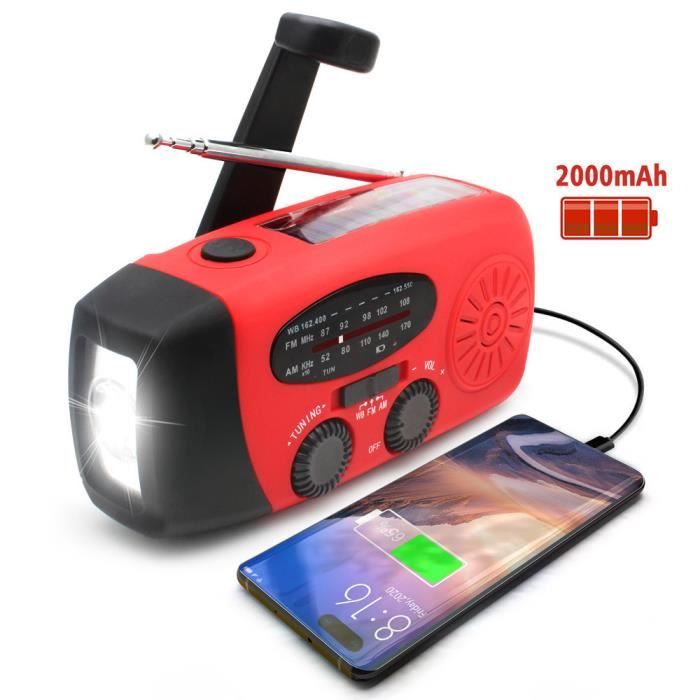 Radio à Manivelle Solaire Portable d'urgence Météo 2000mAh avec AM/FM ...