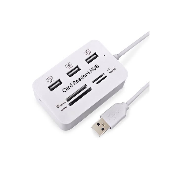 Lecteur de carte mémoire USB 2.0 + Hub USB - GENERIC - Blanc - SD, MMC, MS, MS Pro Duo, M2 Micro ...