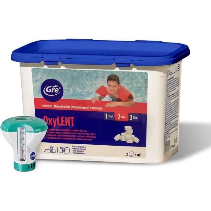Oxygène actif Gre en pastilles de 20 g - Oxi Lent 1,2 kg + doseur flottant avec thermomètre ...