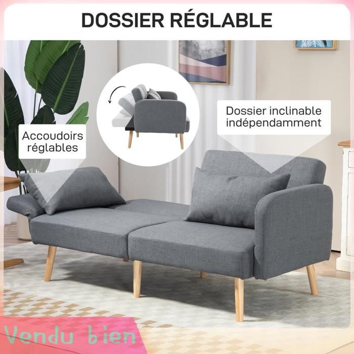 LIA Canapé convertible clic clac 3 places lin gris - Cdiscount Maison