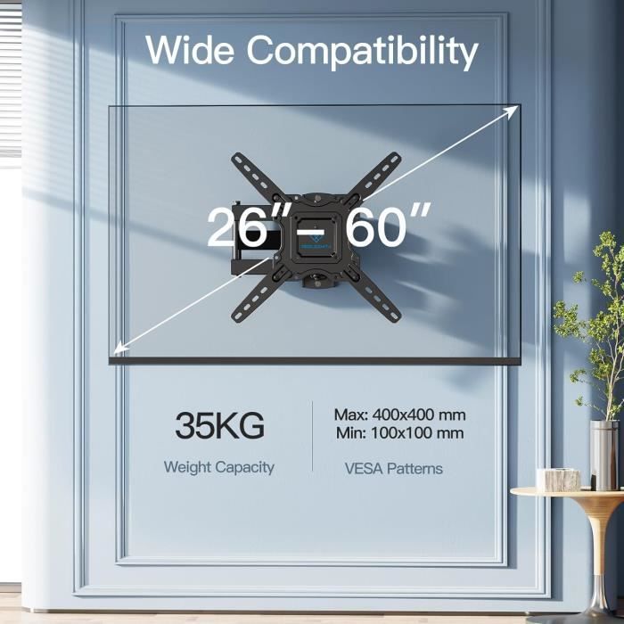 Support Mural Tv,Inclinable Orientable Fixation Extensible Support Tv Pour Écrans 26-60 Pouces ...