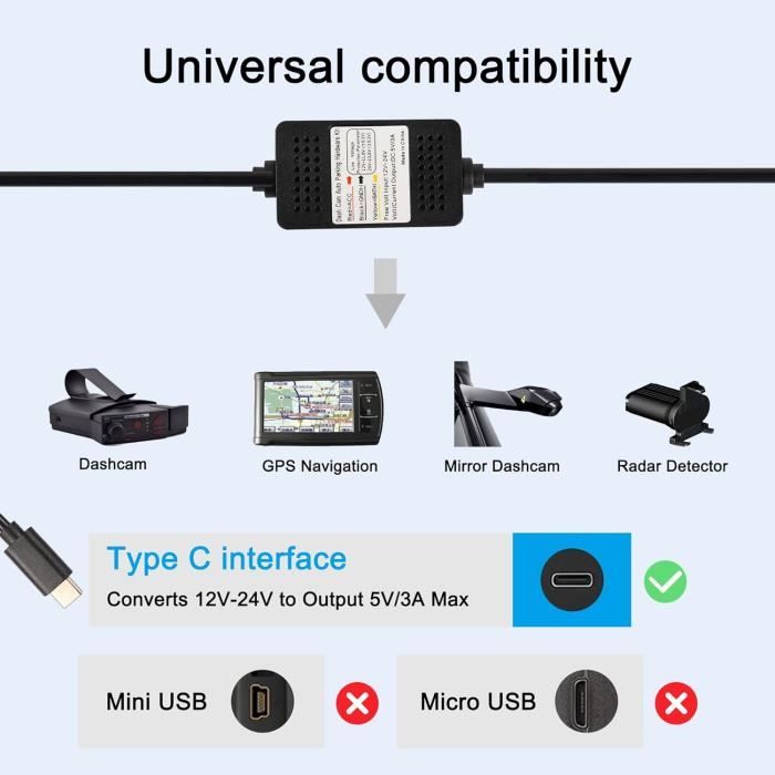 Dashcam Acc Hardwired Kit, Usb Type C Hardwired Dashcam Kit Câble ...