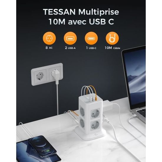 Multiprise Usb C Avec Rallonge Electrique 10M, 8 Prises Tour Multiprise ...