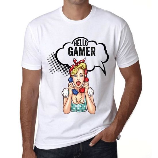 Homme Tee-Shirt Bonjour Joueur – Hello Gamer – T-Shirt Vintage Blanc ...