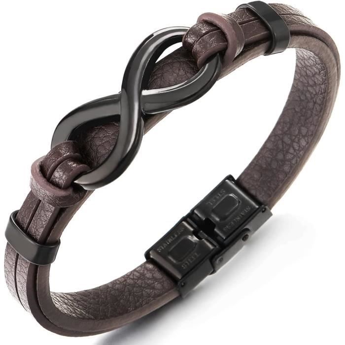 Noir Acier Inoxydable Infini Amour Numéro 8 Cuir Bracelet pour Hommes ...