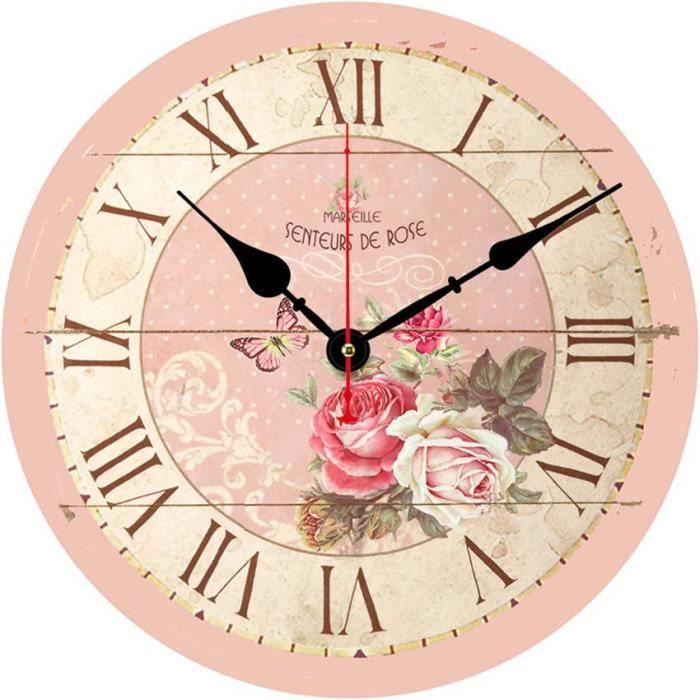 Horloge,Horloge murale en bois avec fleur de rose, horloge murale ...
