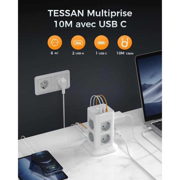 Multiprise Usb C Avec Rallonge Electrique 10M, 8 Prises Tour Multiprise ...