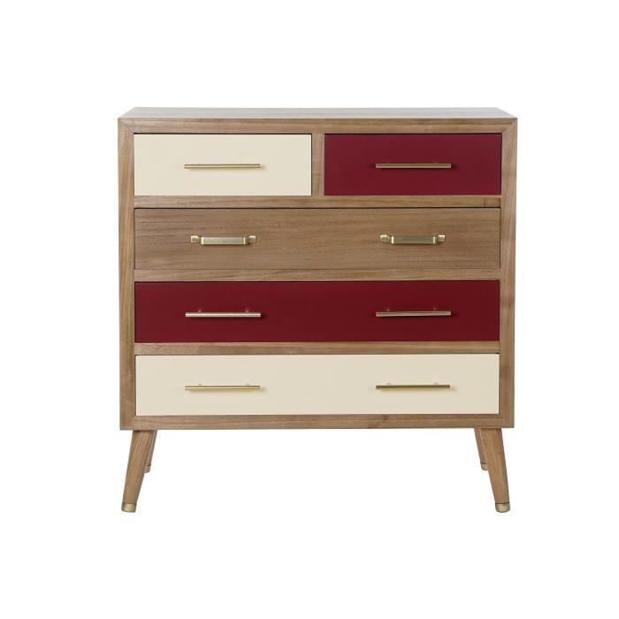 Commode en bois Paulownia grenat avec 5 tiroirs - Largeur 80 x Hauteur ...