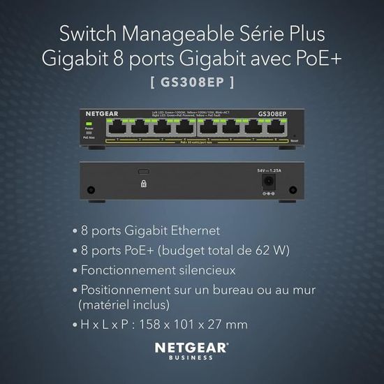 NETGEAR (GS308EP) Switch Ethernet PoE 8 Ports RJ45 Gigabit (10-100-1000 ...
