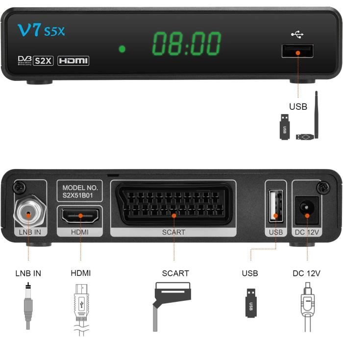 V7 S5X Décodeur Satellite DVB-S-S2-S2X avec Antenne WiFi USB 1080p Full ...