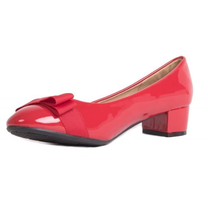 Ballerines vernies à talons carrés semelle cuir & noeud satin-36 Rouge ...