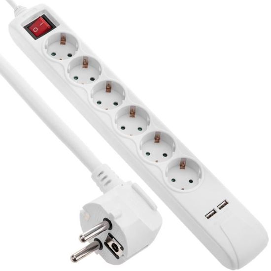 CableMarkt - Multiprise avec interrupteur avec six prises Schuko 250 V et 2 USB avec câble blanc ...